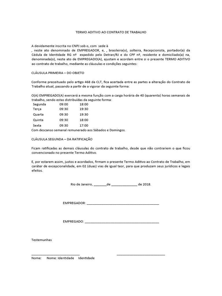 Termo Aditivo de Alteração de Jornada de Trabalho | PDF Termo Aditivo de Alteração de Jornada de Trabalho | PDF