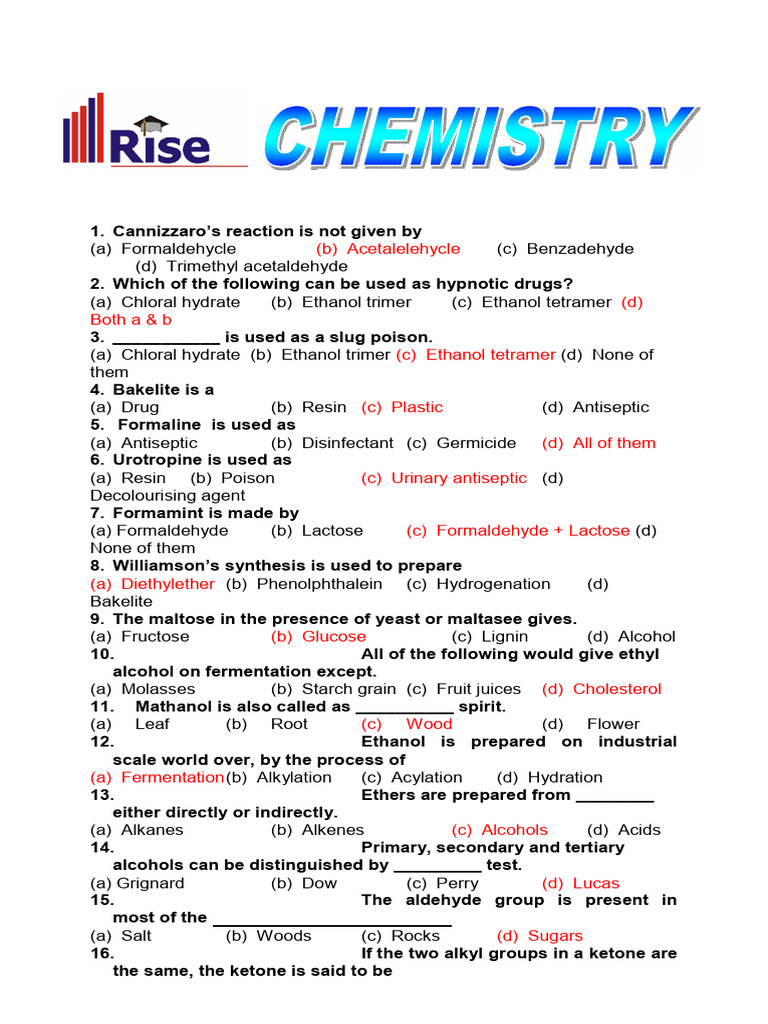 Organic Chemistry Quiz Questions | PDF | Aldehyde | Ethanol