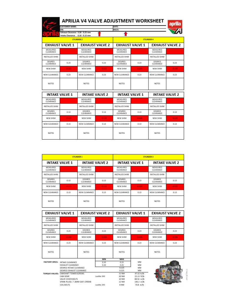 Tuono V4 ValveCheck Worksheet Template3 | PDF | Rotating Machines ...