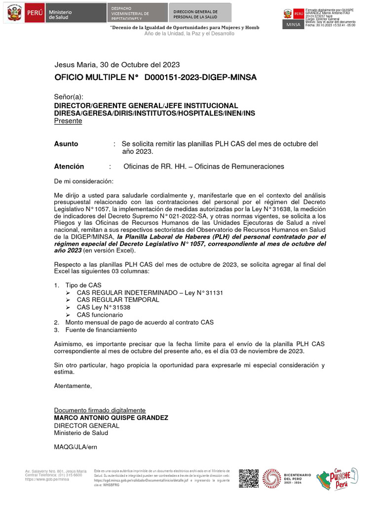 Oficio Multiple 000151 2023 Digep Minsa Exp. Digep020230000485 | PDF