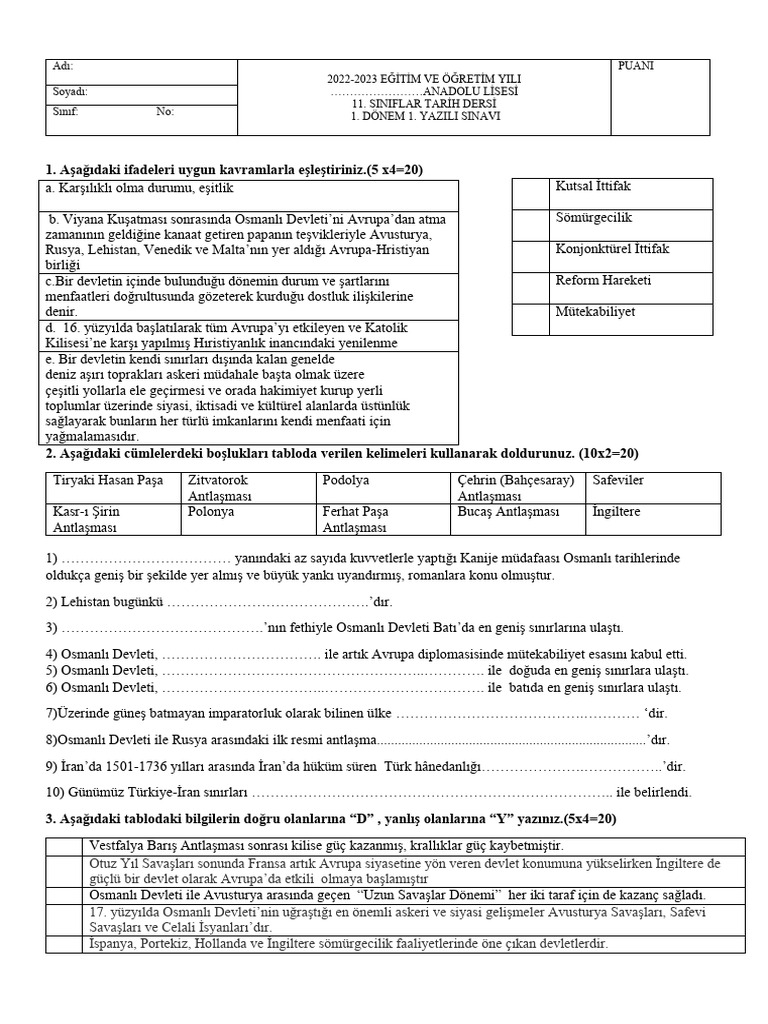 11. Siniflar Tari̇h 1. Dönem 1.Yazili | PDF