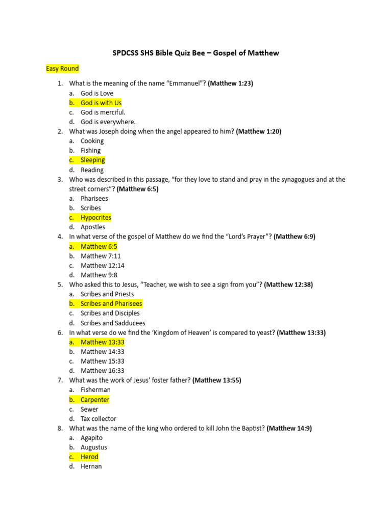 SHS Bible Quiz Bee Questionnaires | PDF | Gospel Of Matthew | Jesus