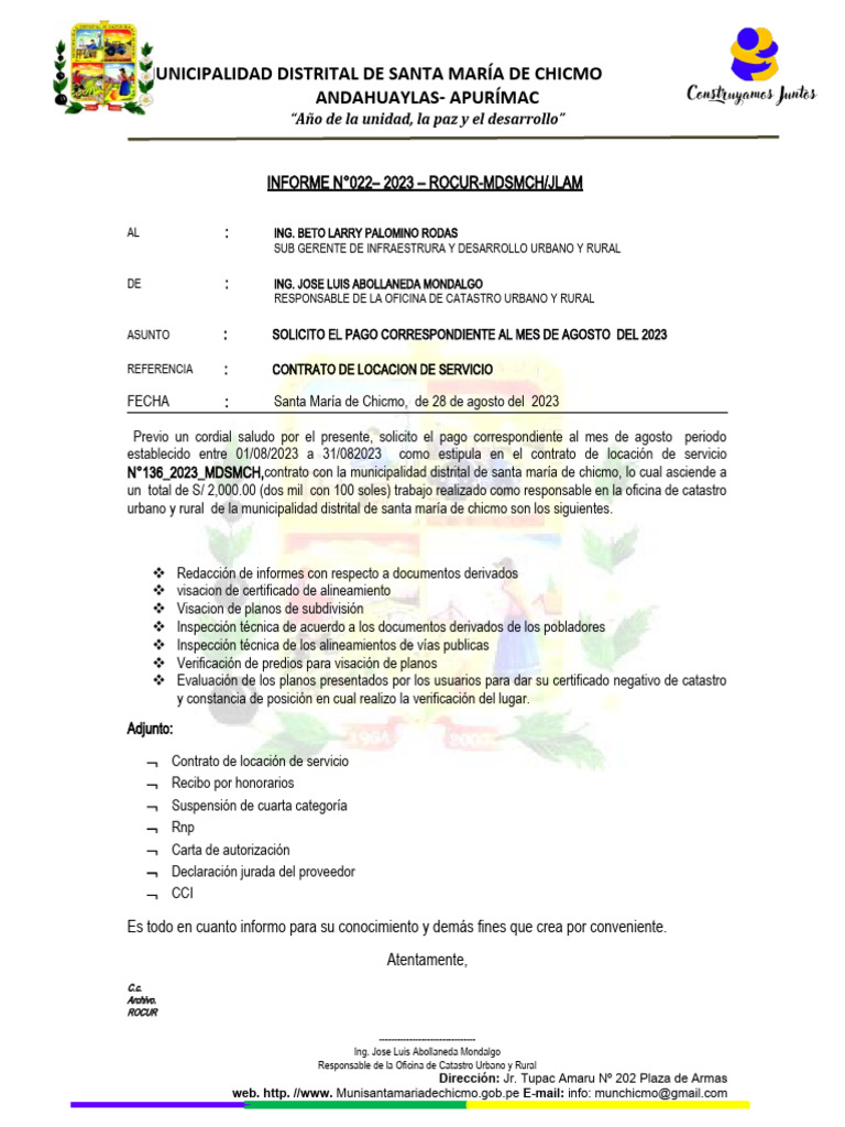 Informe N°022 2023-Rocur-Mdsmch-Jlam Solicitud de Pago | PDF