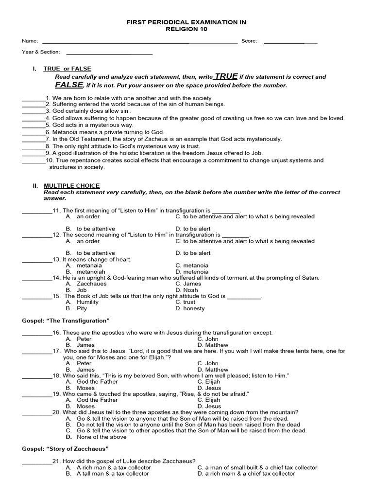 Religion 10 Exam Guide | PDF | Rosary | Jesus