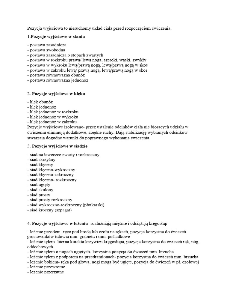 Pozycje Wyjściowe Do Ćwiczeń | PDF