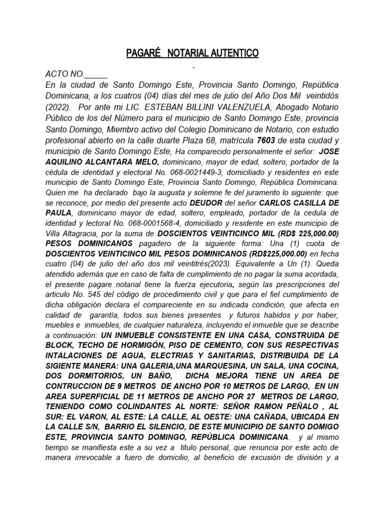 PAGARÉ NOTARIAL AUTENTICO, Esteban | PDF | República Dominicana | Ley común