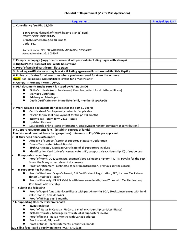 Visitor Visa Checklist | PDF | Travel Visa | Birth Certificate