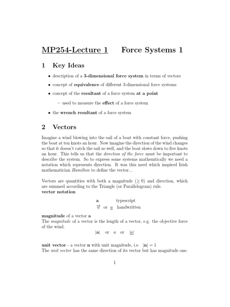 MP254-Lecture 1 Force Systems 1: 1 Key Ideas | PDF | Euclidean Vector ...