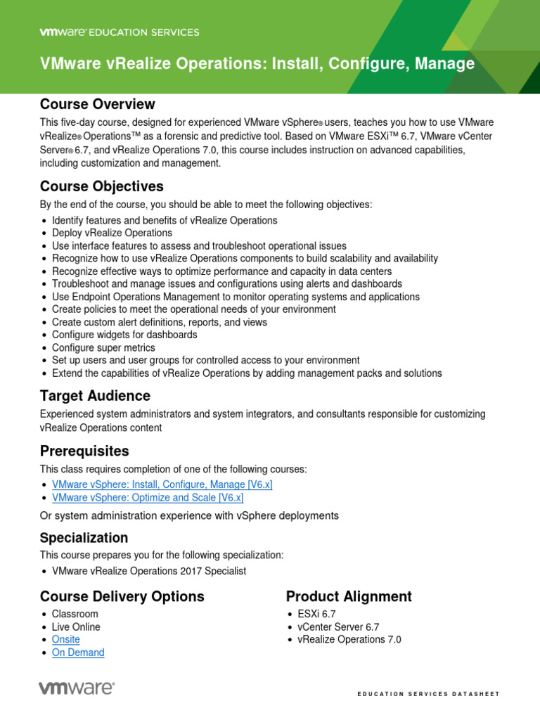 Edu Datasheet Vmware Vrealize Operations Install Configure Manage v73 | PDF | Data Center ...