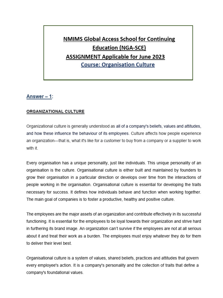 Assignment Solved Organisation Culture | PDF | Organizational Culture | Leadership