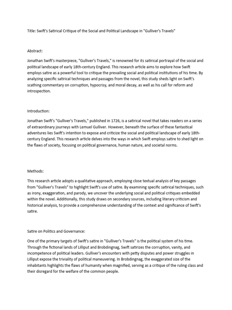 Research Article On Gulliver's Travels | PDF | Gulliver's Travels | Satire