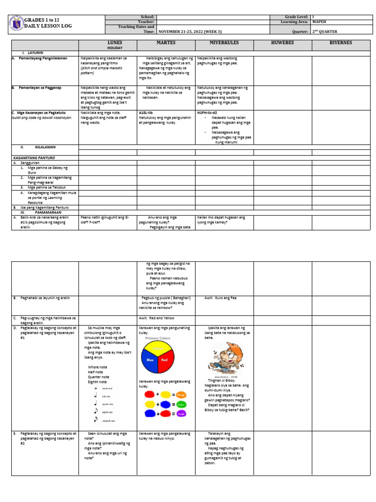 DLL - Mapeh 1 - Q2 - W3 | PDF