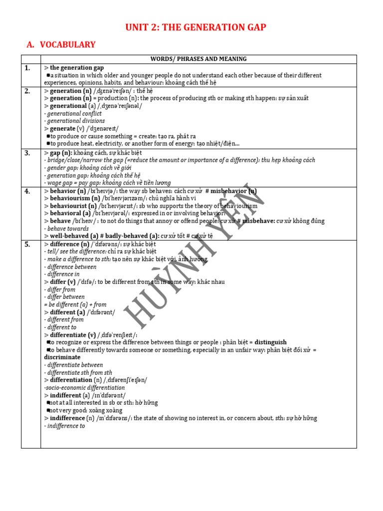 Unit 2 - The Generation Gap - Vocabulary | PDF | Gender | Gender Studies