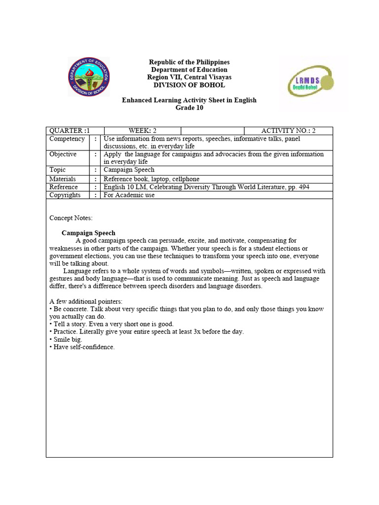 ENHANCED-ENGLISH-10 LAS Q1 Wk02 Day1-5 | PDF | Speech | Human Communication