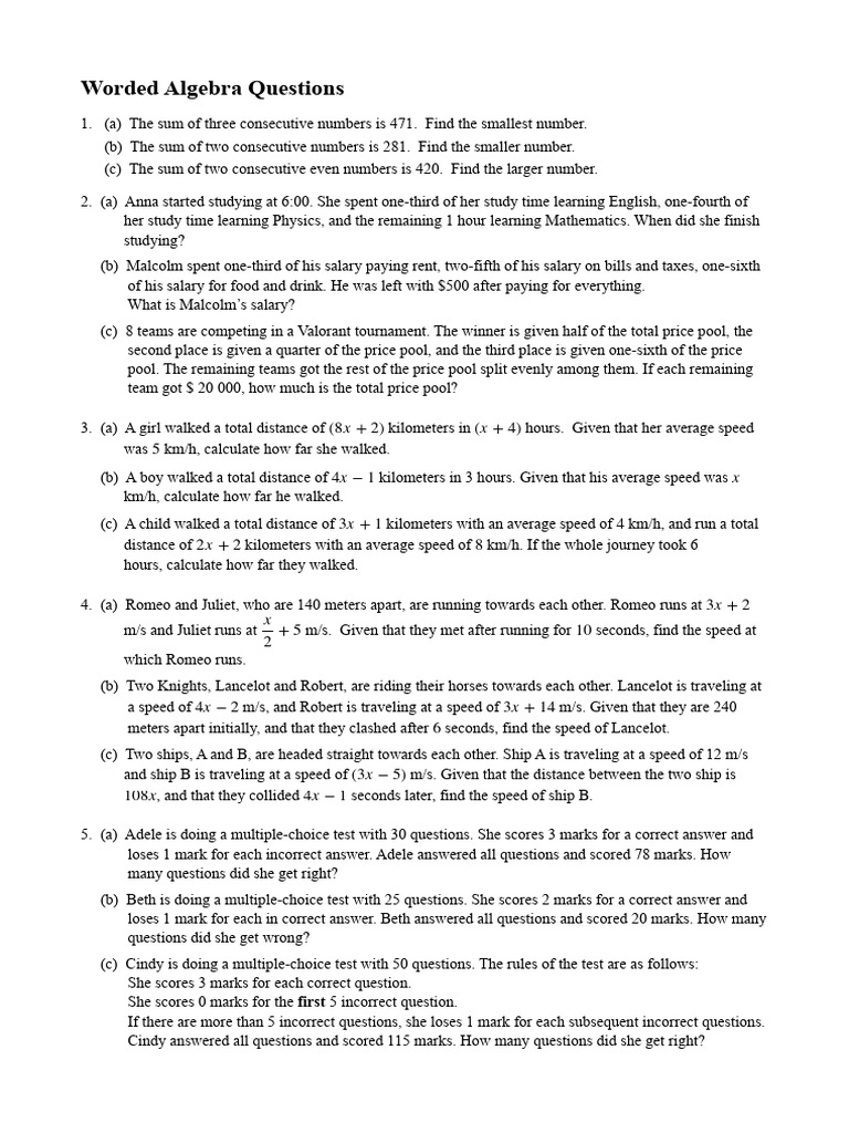Worded Algebra Questions Practice | PDF | Area | Speed