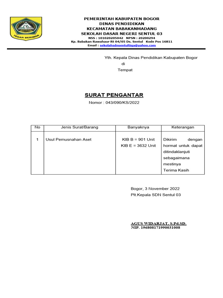 contoh surat usul pemusnahan barang milik daerah (BMD) | PDF