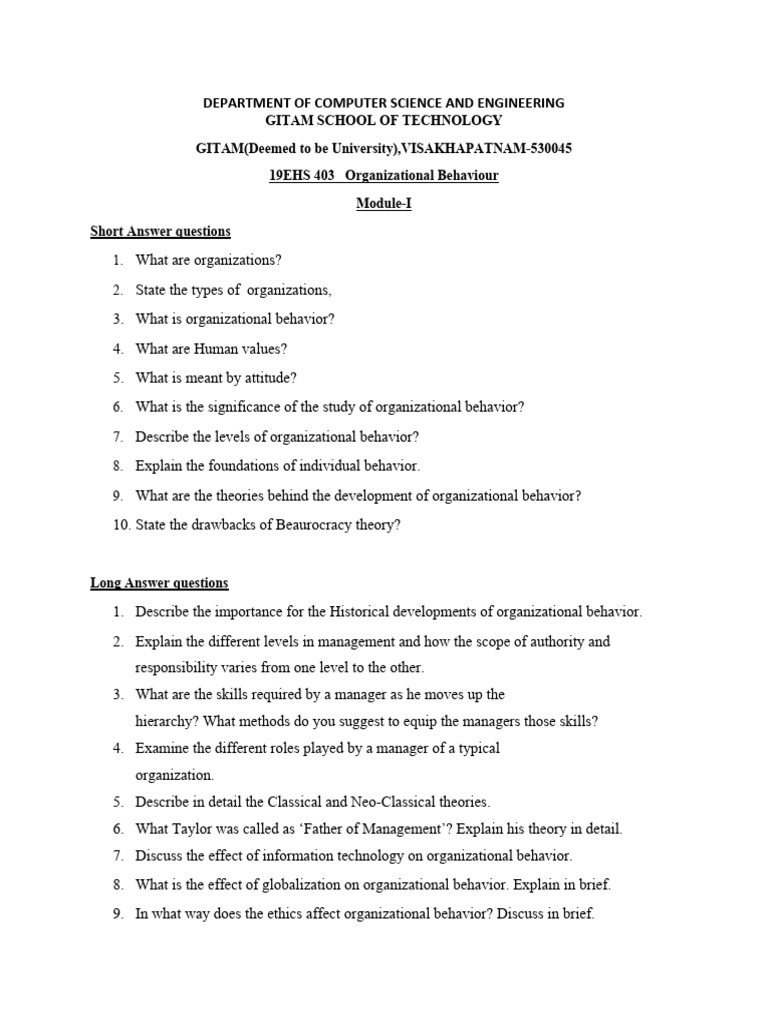 OB Module-I - Important Questions 2 | PDF