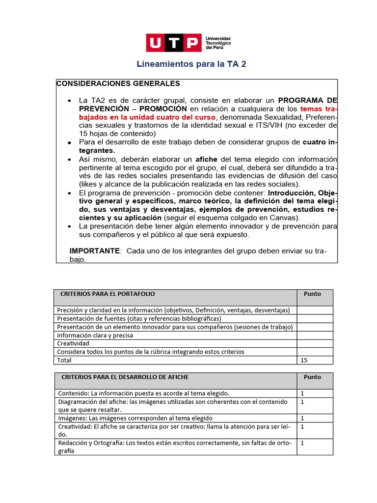 Lineamientos y Rúbrica para La TA2 | PDF