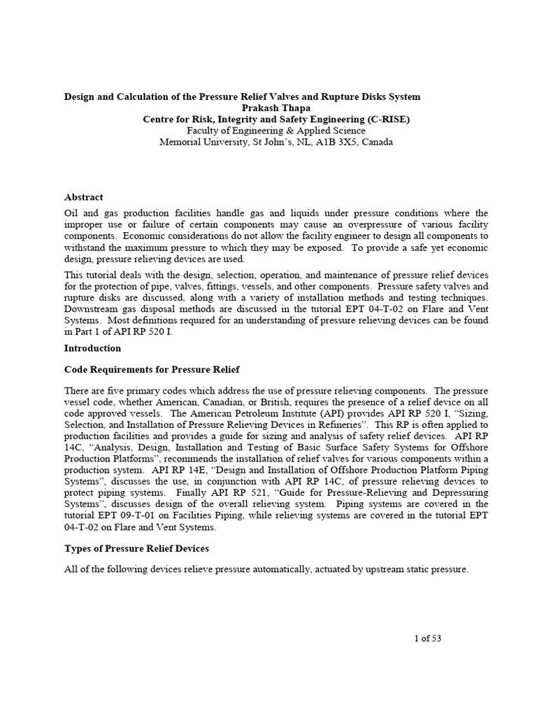 Design and Calculation of The Pressure Relief Valves | PDF | Valve | Pressure