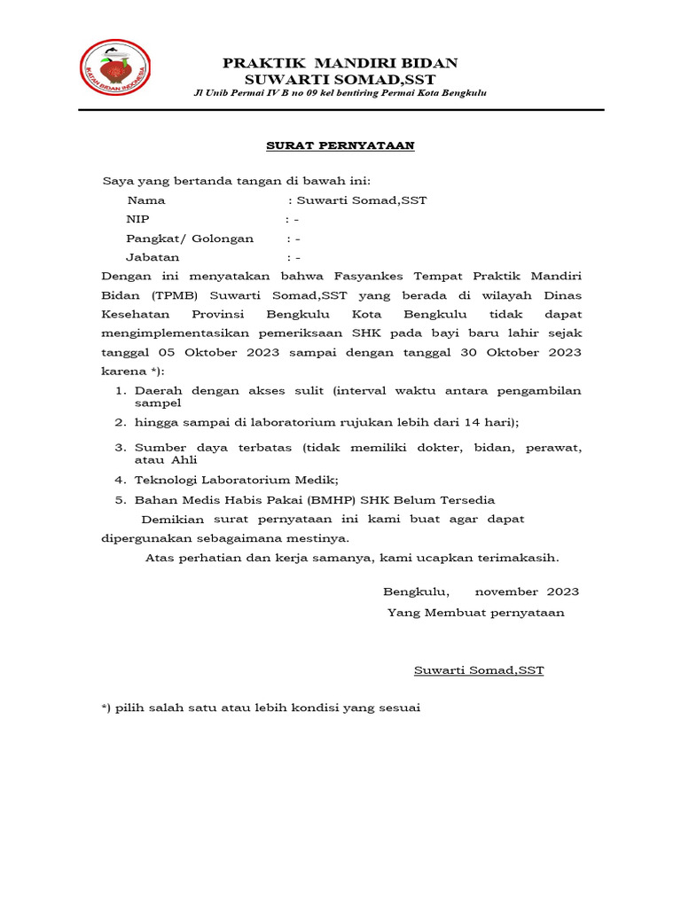 Surat Pernyataan Tidak SHK | PDF