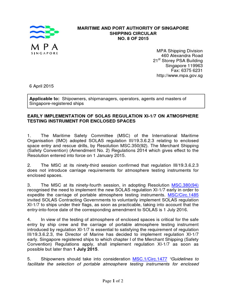 Maritime and Port Authority of Singapore Shipping Circular NO. 8 OF ...