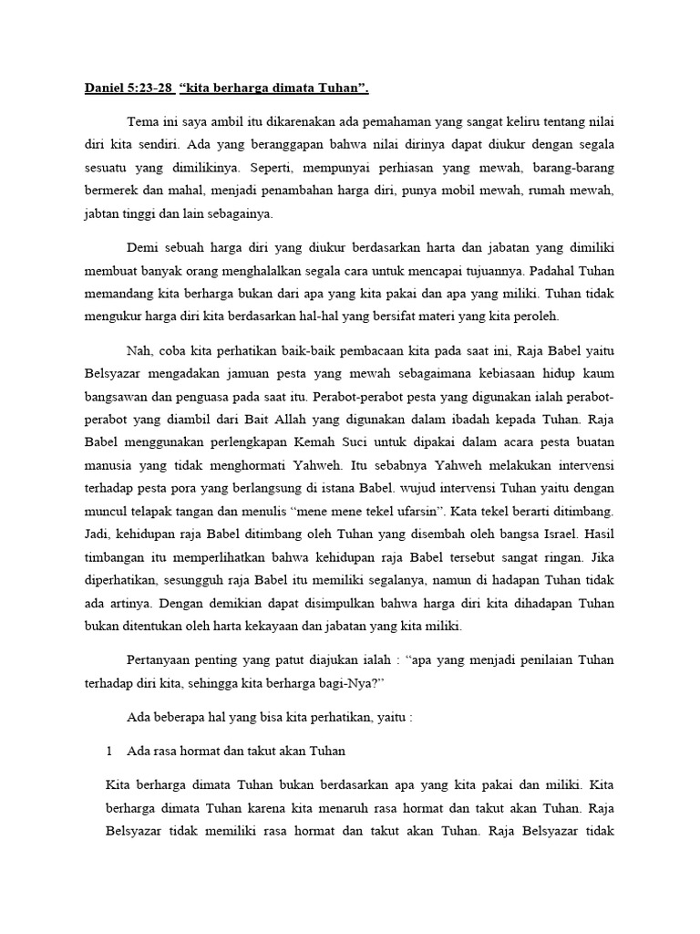 Berharga Di Mata Allah - Daniel 5 | PDF