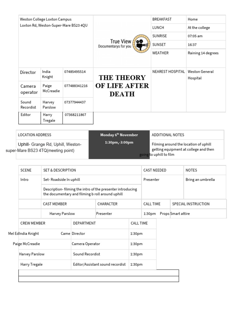 Call Sheet Day One | PDF