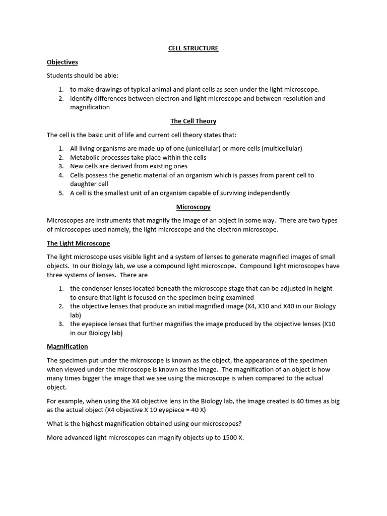 Cell Structure and Function Notes | PDF | Cell (Biology) | Microscope