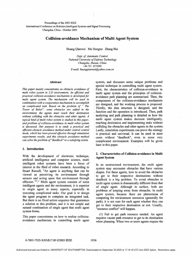 Collision-Avoidance Mechanism of Multi Agent System | PDF | System | Robot