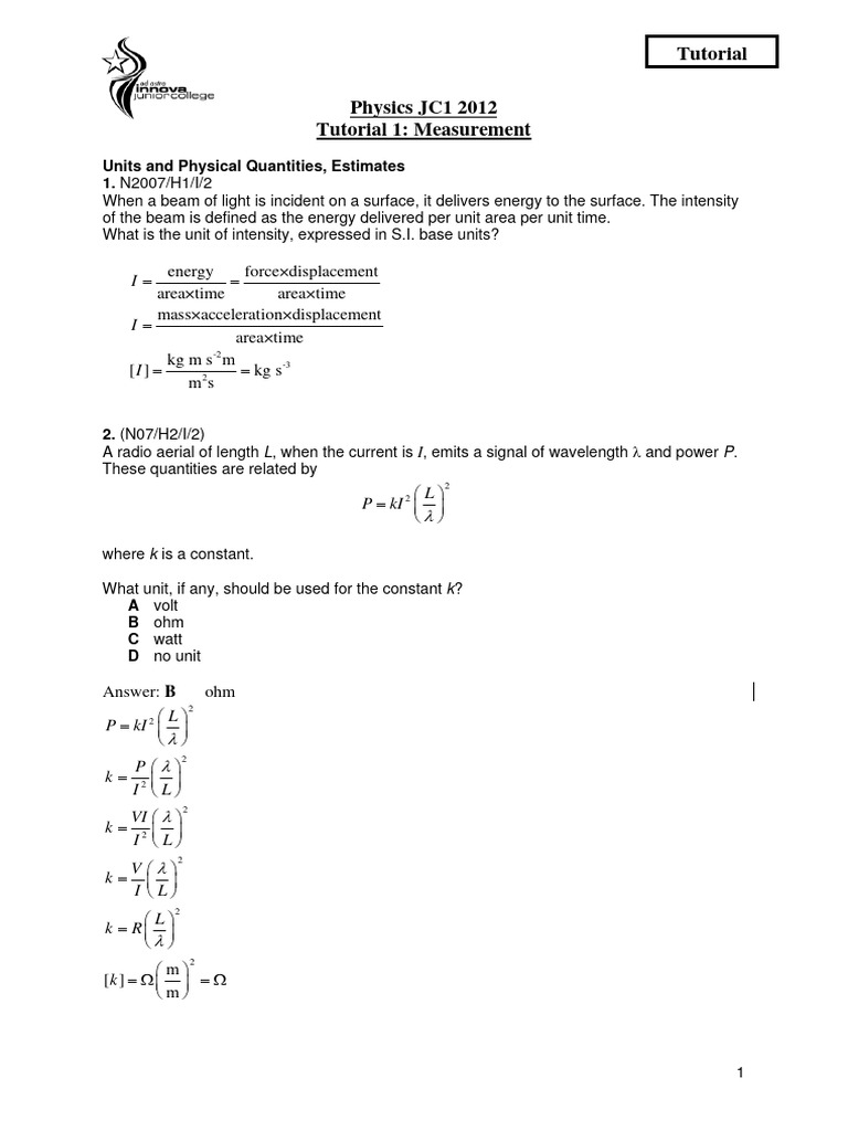 01 Measurements Tutorial Solution Pdf Metre Observational Error