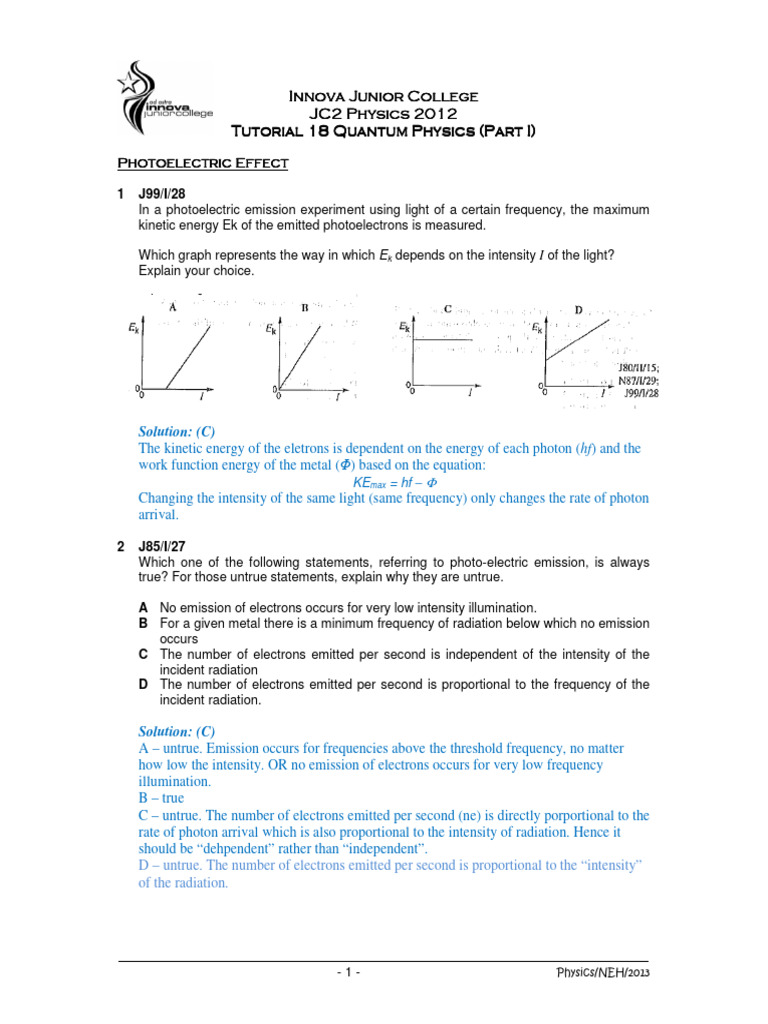 2013 H2 Physics Tut18 Quantum Physics Part1 (Solutions) | PDF | Photoelectric Effect | Emission ...