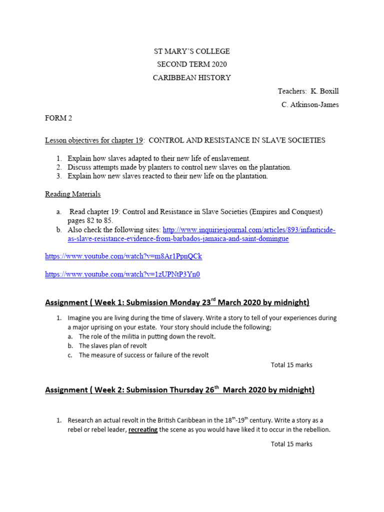 Form 2 History Assignment 1 | PDF | Slavery | Rebellions