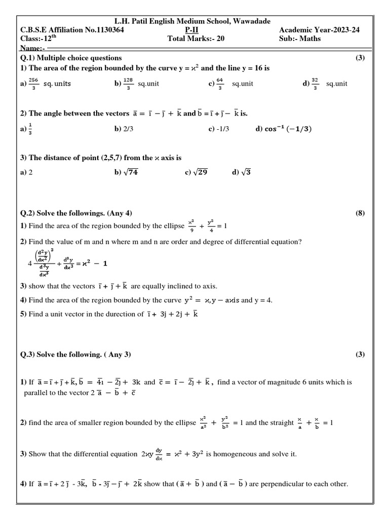 12th Maths P-2 2023-24 | PDF | Euclidean Vector | Ellipse