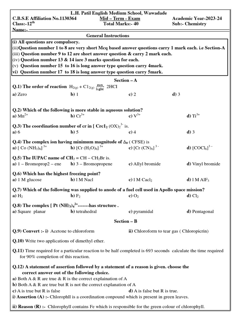 12th Mid - Term - Exam 2023-24 Chem. | PDF | Valence (Chemistry) | Coordination Complex