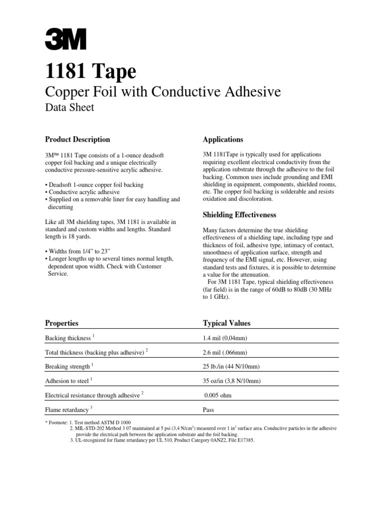 3M 1181 EMI Copper Tape 1 X 18yrd Datasheet | PDF | Adhesive | Aluminium Foil