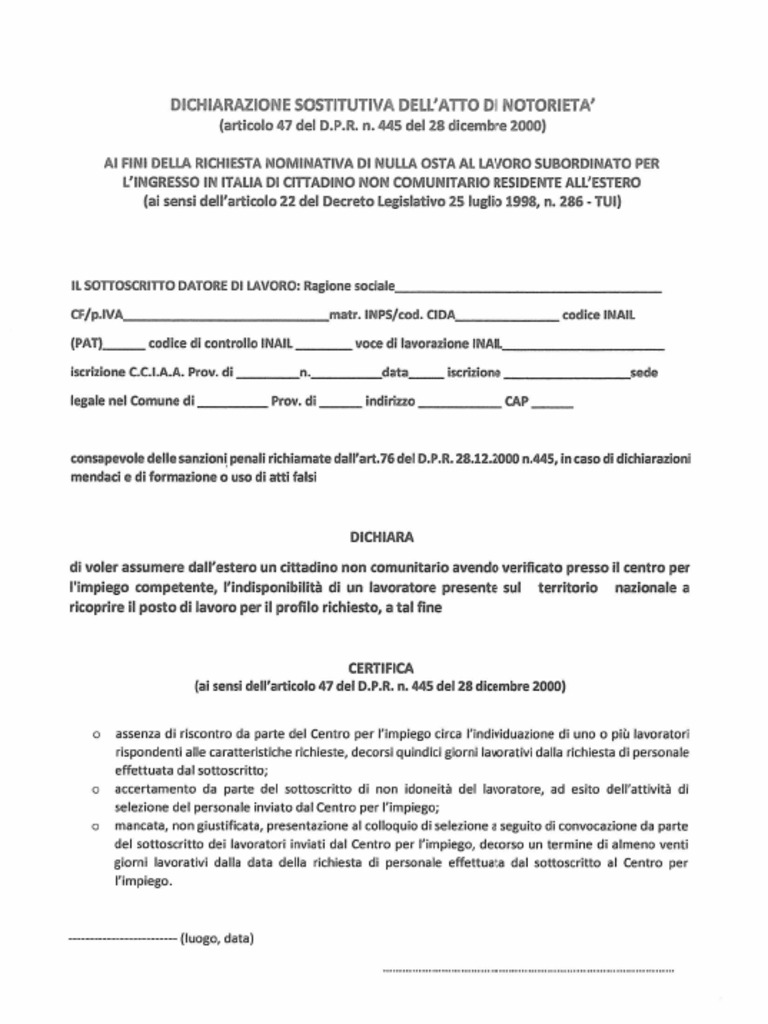 Modulo Autocertificazione Dichiarazione Verifica Centro Per L'impiego | PDF