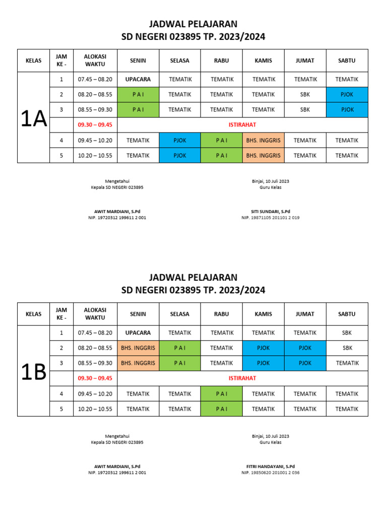 Jadwal Pelajaran 2023 2024 SDN 023895 | PDF