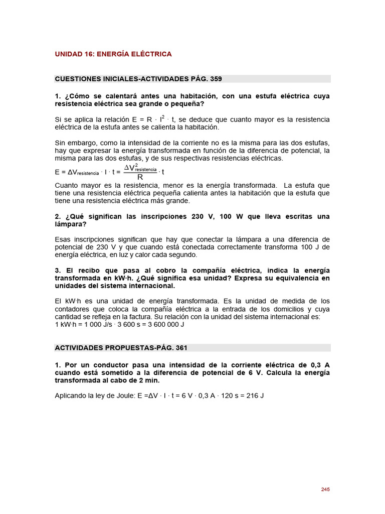 Unidad 16 Energia Electrica | PDF | Resistencia Eléctrica y Conductancia | Corriente eléctrica