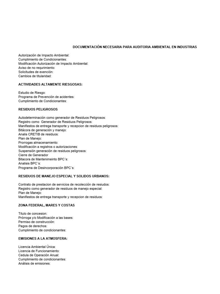 Checklist Auditoria Ambiental MAF y Asociados | PDF | Contaminación ...