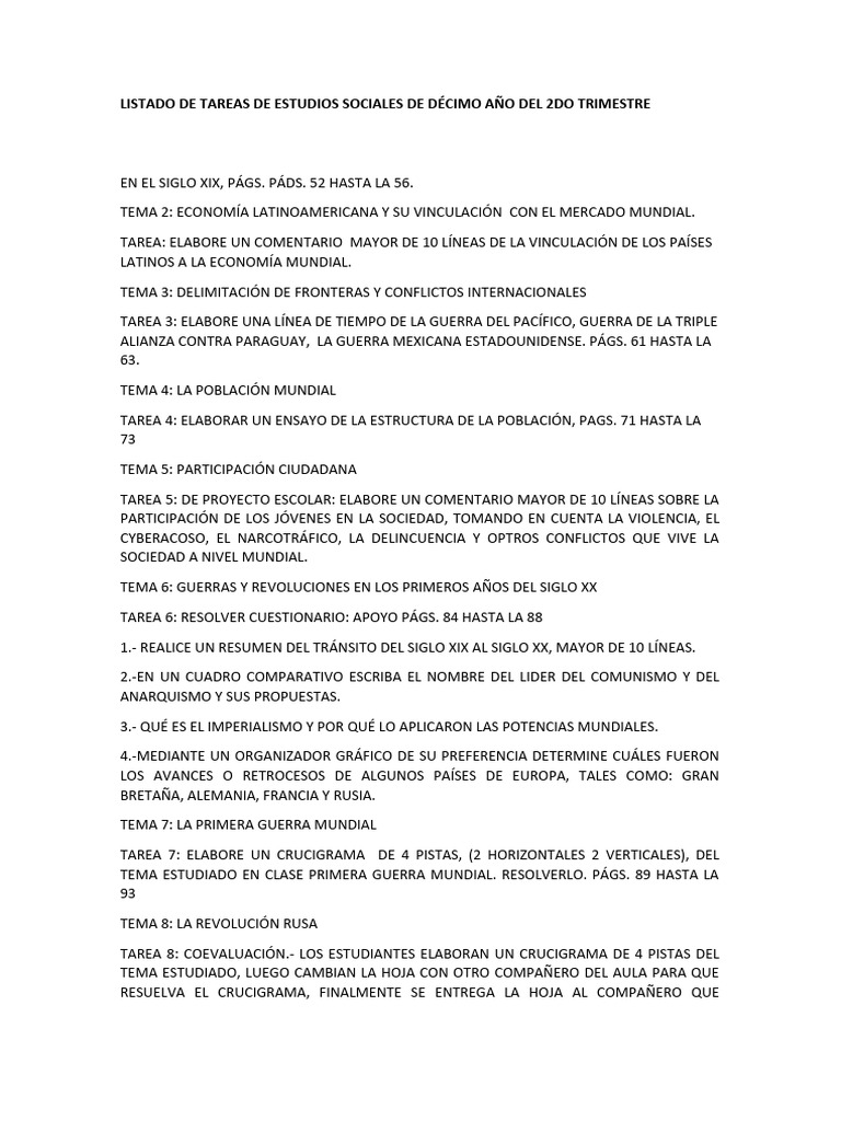 Listado Actualizado Tareas Eess 10mo Del 2do Trim | PDF | America latina