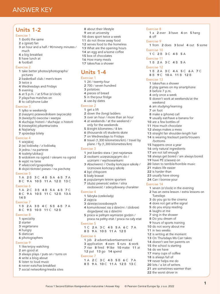 Focus 1 Second Edition Kompendium Maturalne Klucz Odpowiedzi | PDF