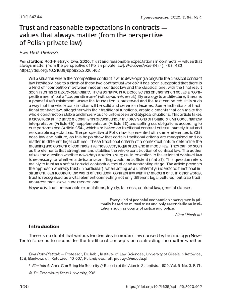 Trust and Reasonable Expectations in Contracts Values That Always ...