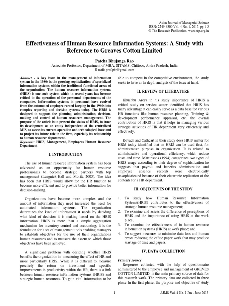 Effectiveness of Human Resource Information Systems A Study With | PDF | Human Resource ...