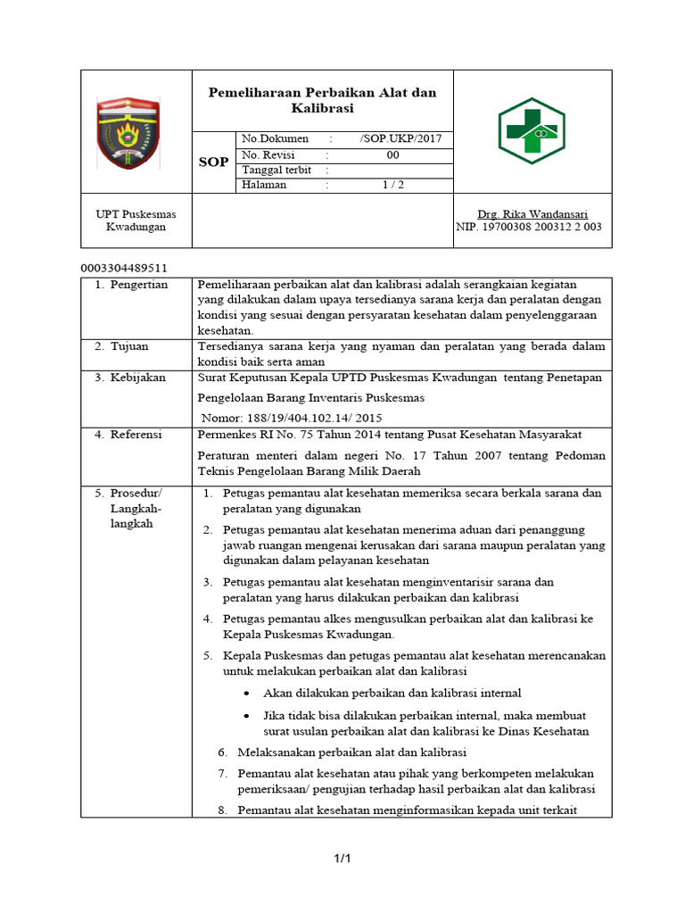 Sop Pemeliharaan Perbaikan Alat Dan Kalibrasi | PDF | Kesehatan ...