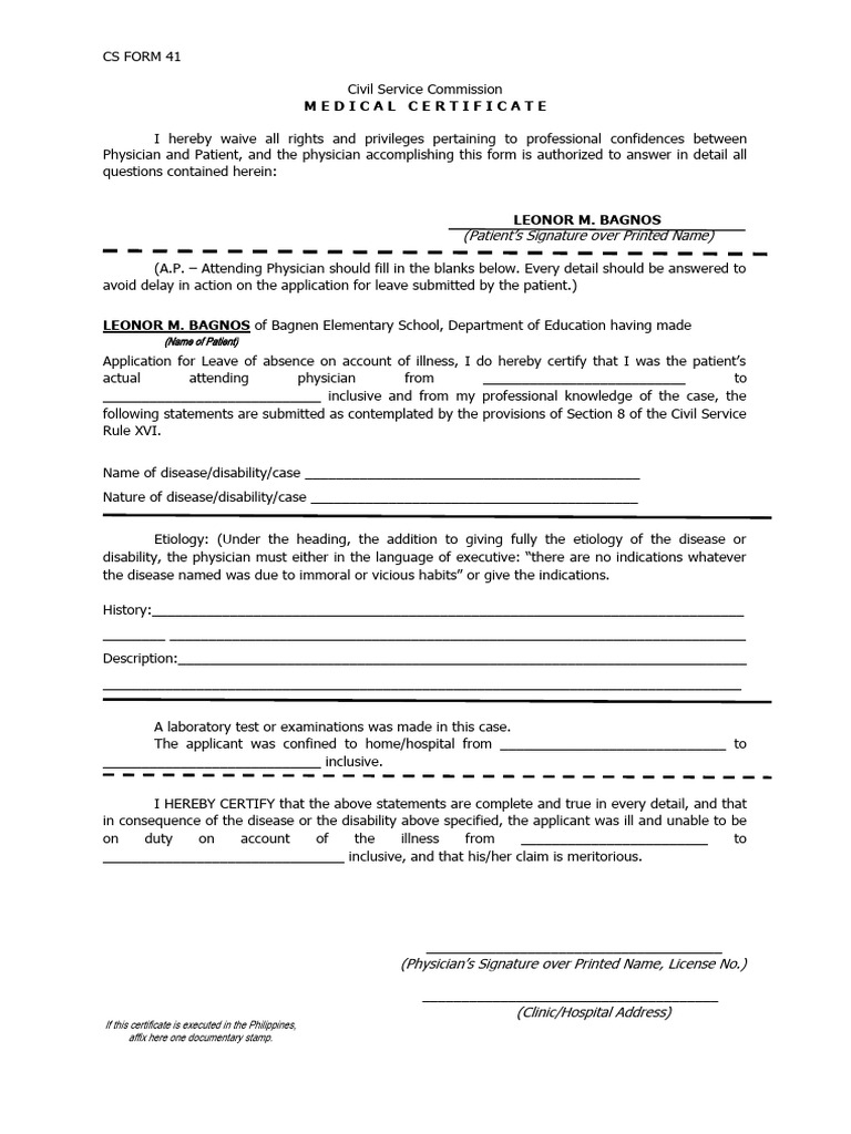CS FORM 41 Medical Certificate 2 | PDF | Physician | Public Services