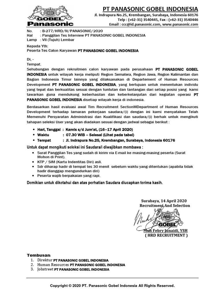 Undangan Interview PT Panasonic Gobel Indonesia | PDF