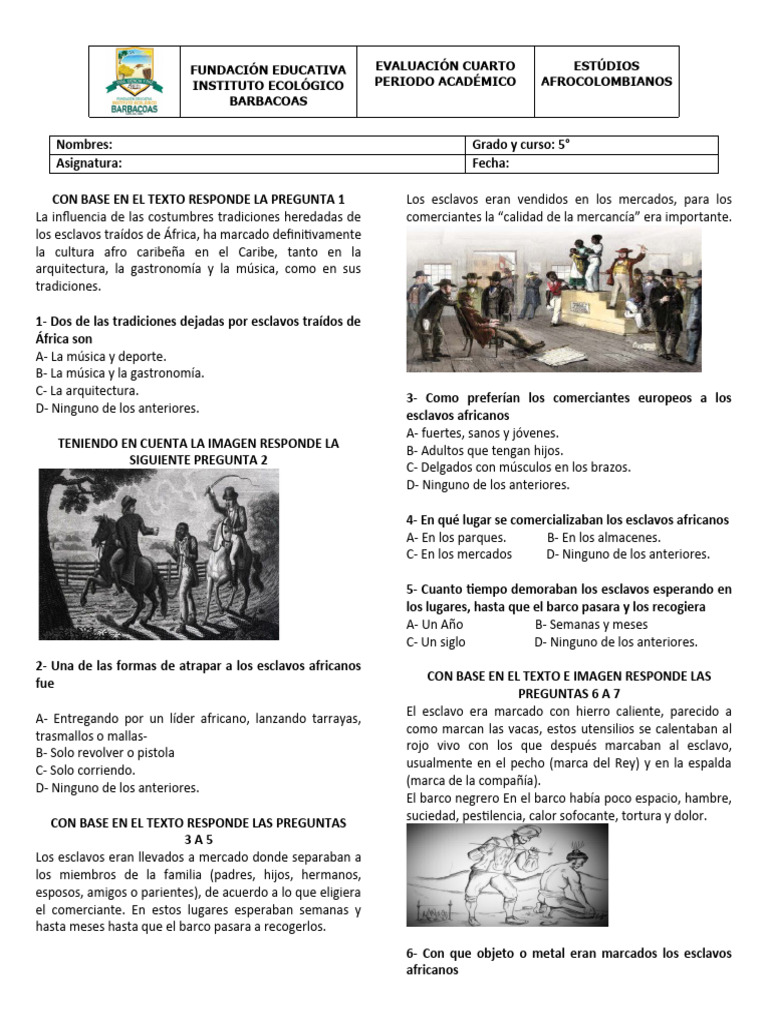 Evaluacion 5° Afrocolombianidad.. | PDF | Esclavitud | Comercio de ...