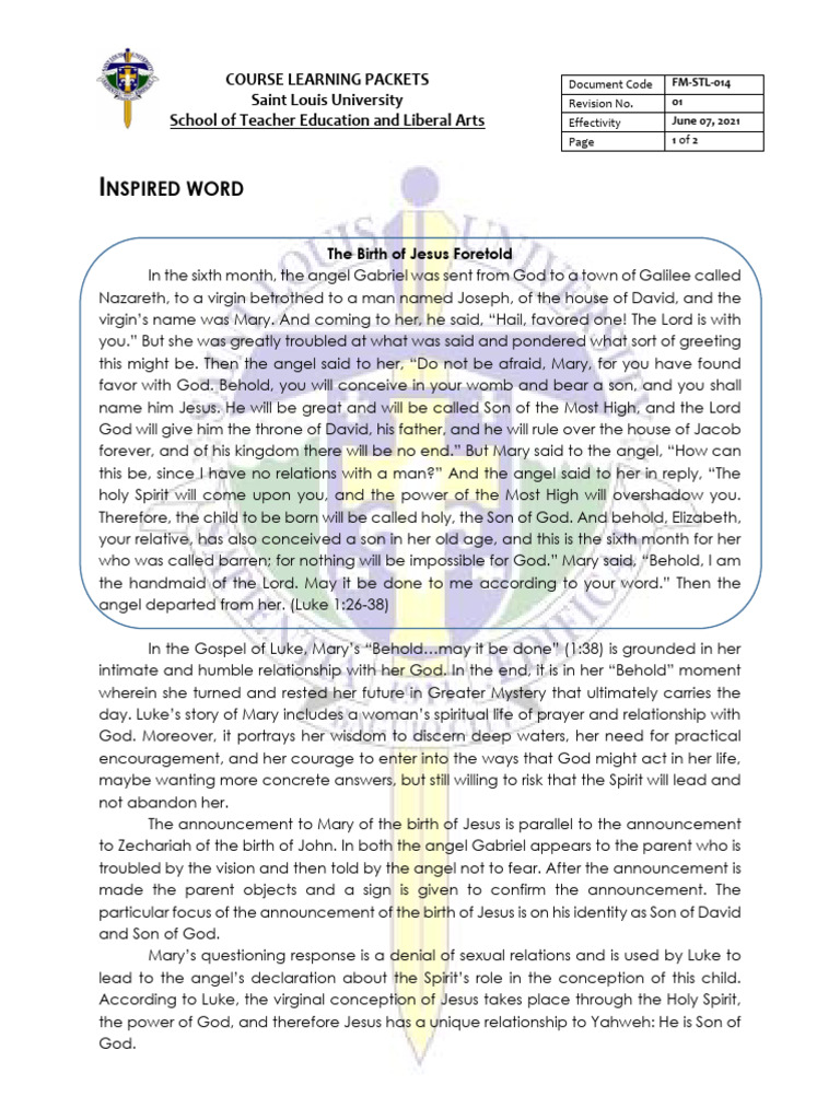 CFE 101 - Module 3, Lesson 1 - Inspired Word | PDF | Mary, Mother Of ...