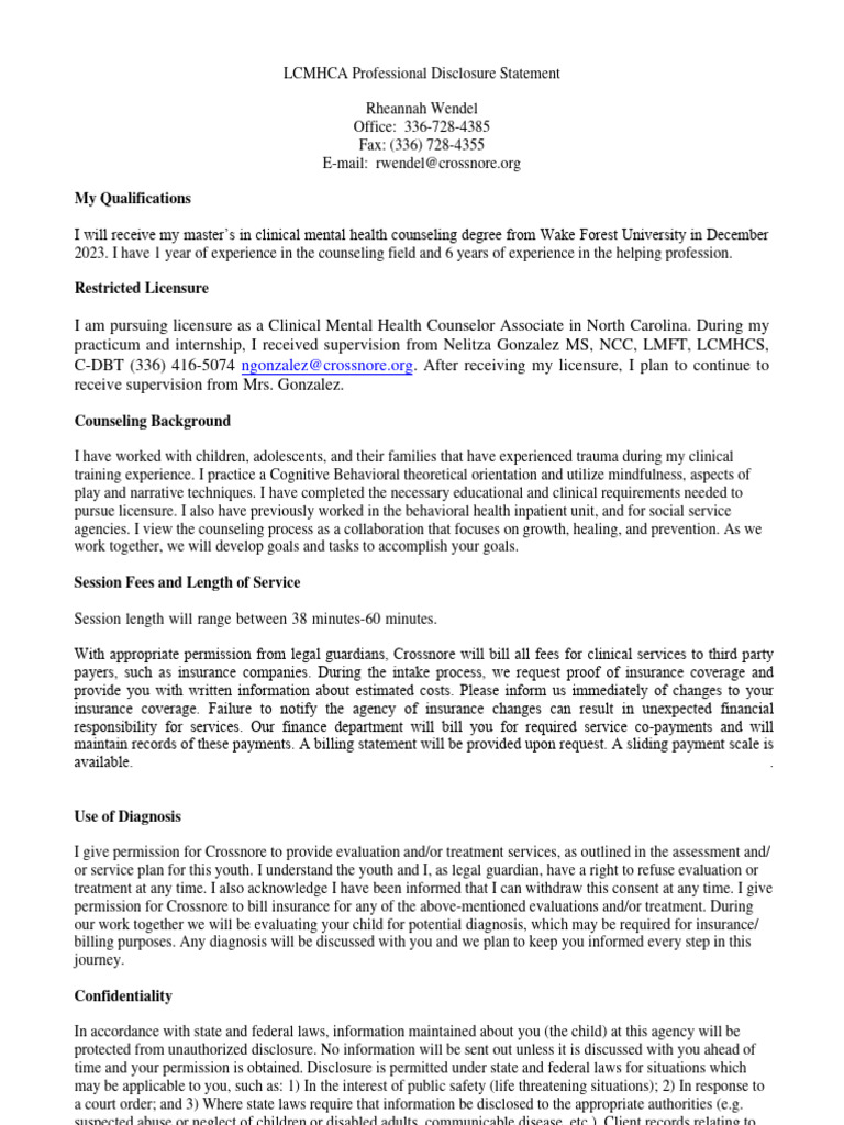 Lcmhca Professional Disclosure Statement | PDF | Confidentiality ...