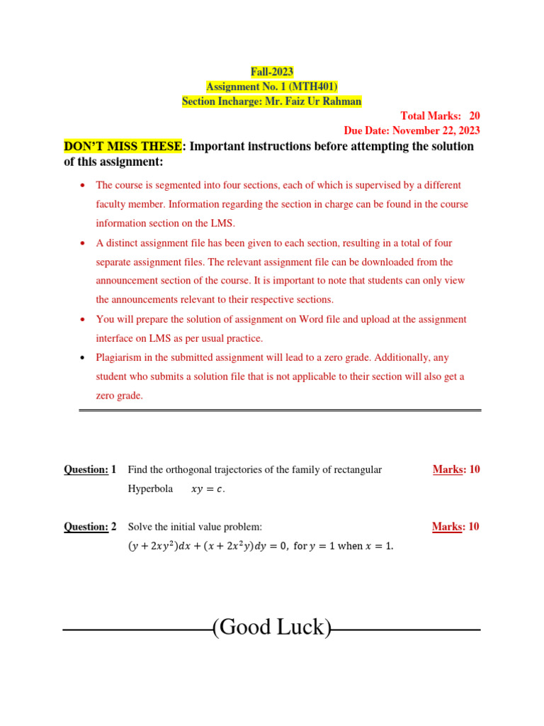 Assignment 1 (MTH401) - Faiz Ur Rahman | PDF